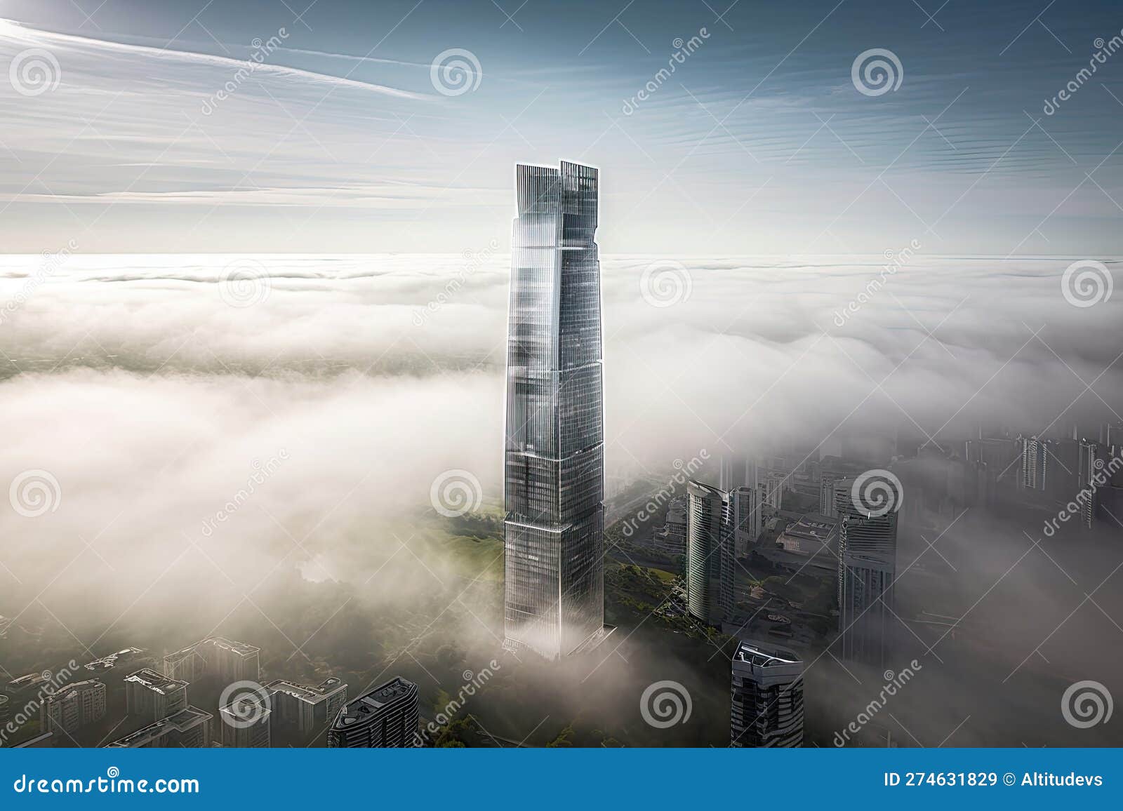 High-rise Tower, with View of the City Skyline, Surrounded by Clouds ...