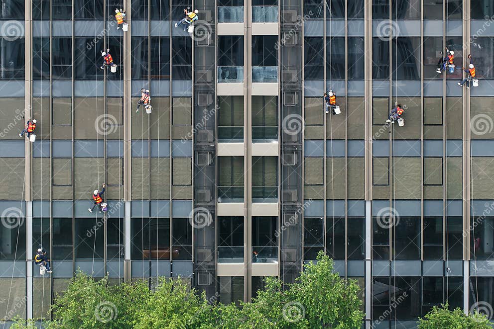 High-rise Window Washers with Scaffold System Stock Image - Image of ...