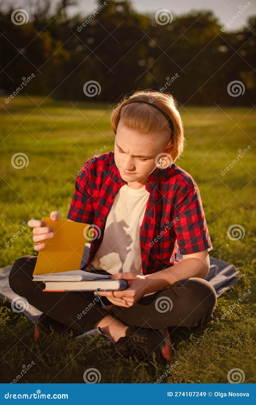 High School Boy Studying in Park or School Yard after Classes Outdoors ...