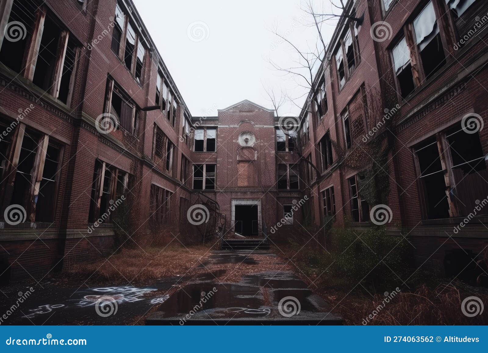 High-school, with Broken Windows and Graffiti on the Walls, Looking ...