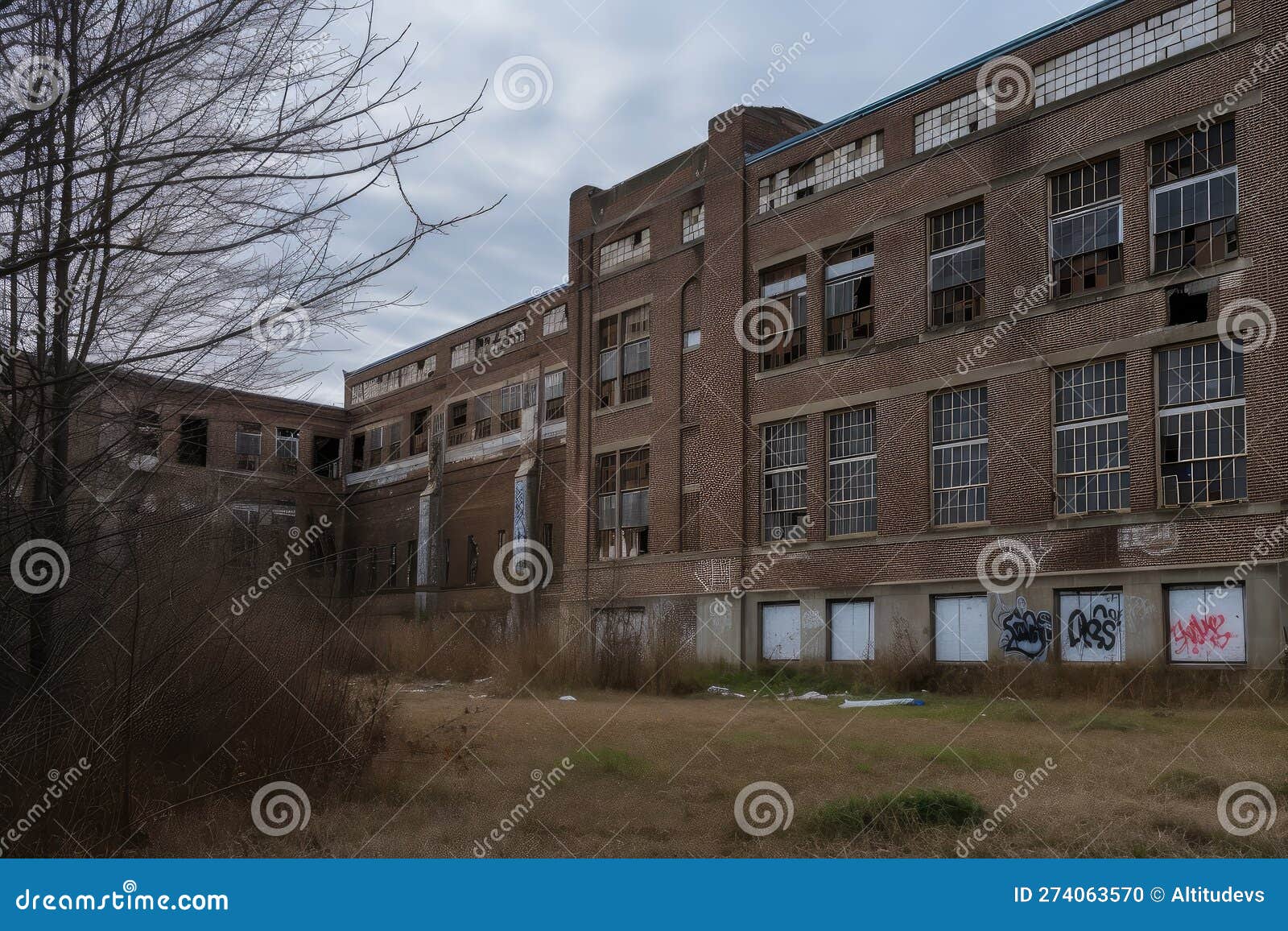 High-school, with Broken Windows and Graffiti on the Walls, Looking ...