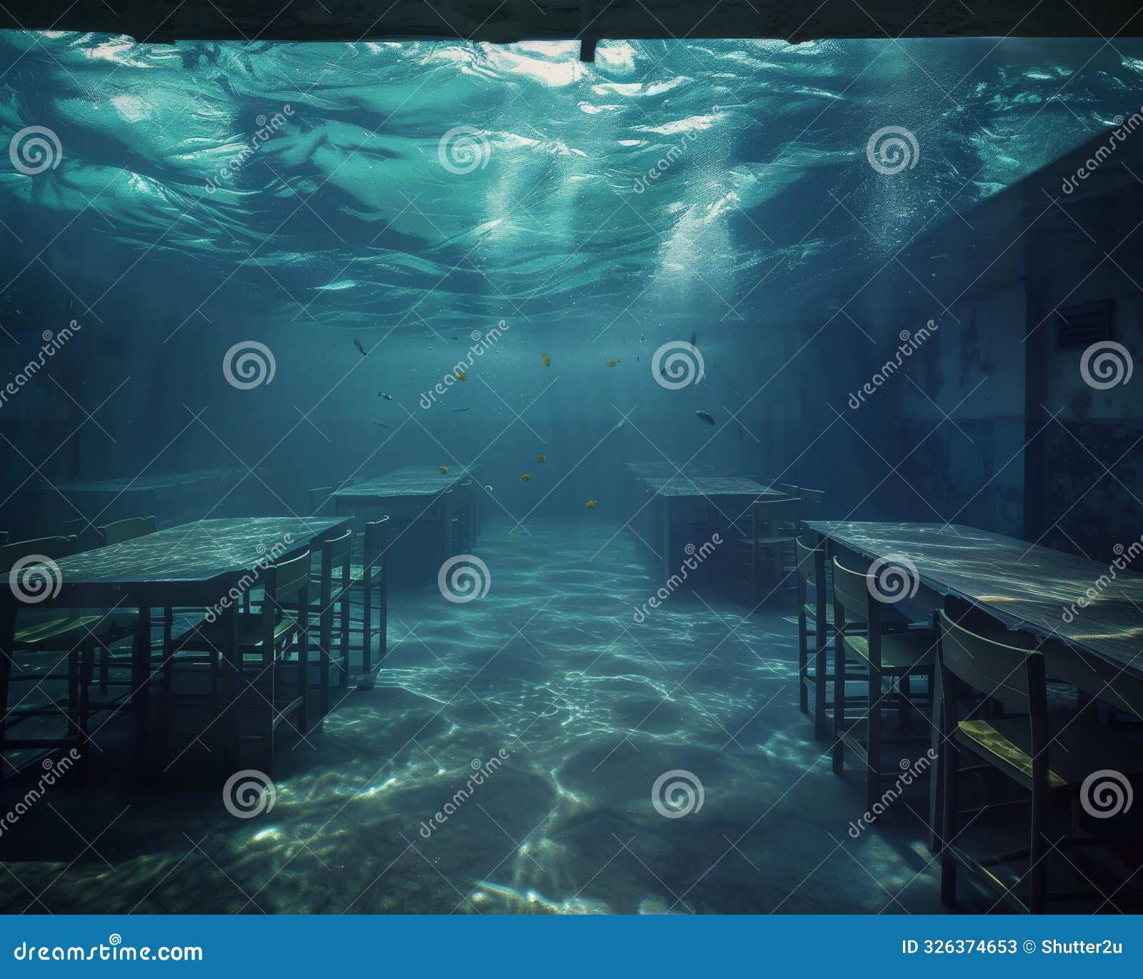 Submerged Library In Underwater Coral Reef Environment With Glowing ...