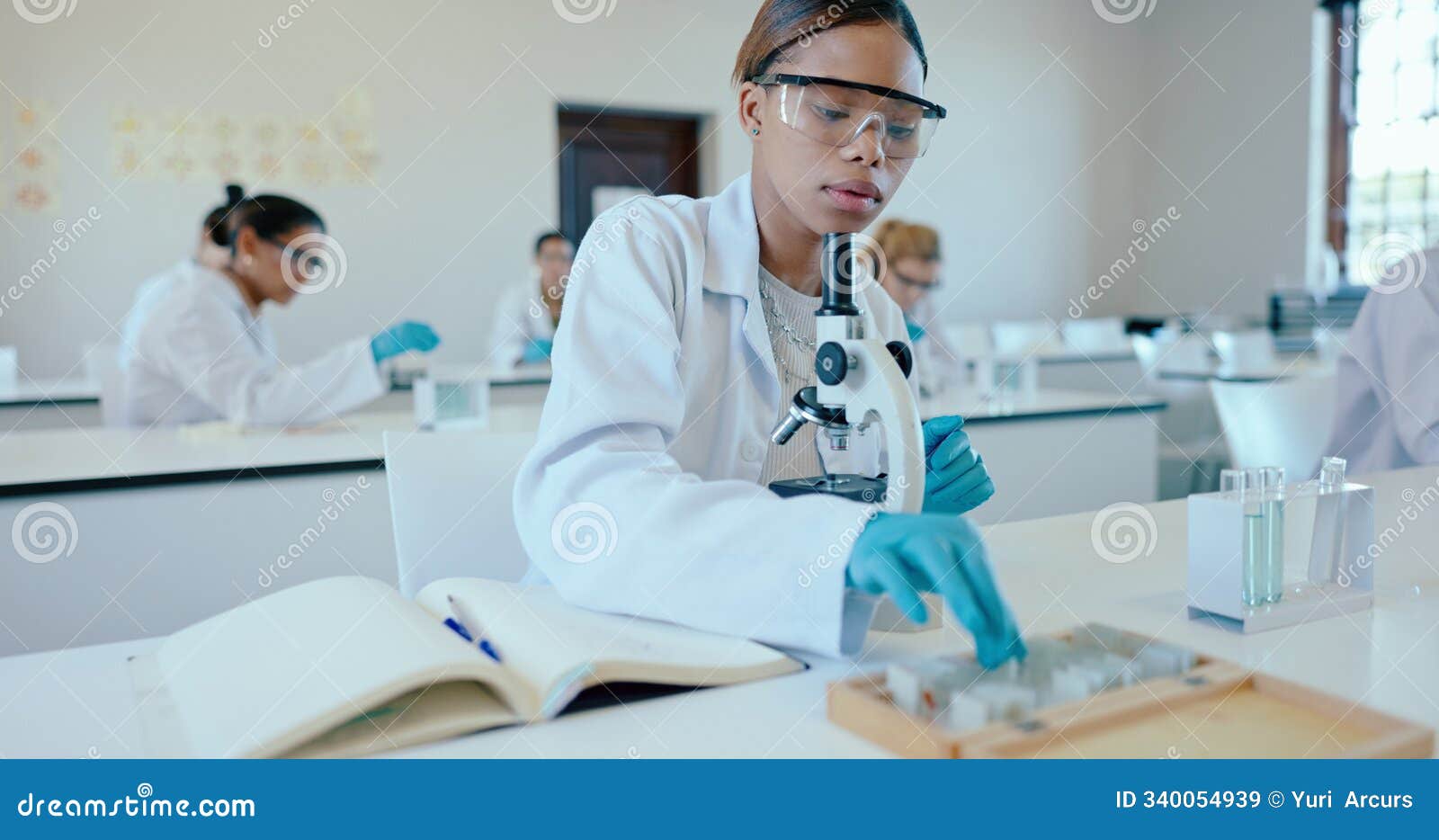 High School, Girl and Microscope in Science Classroom for Chemistry ...