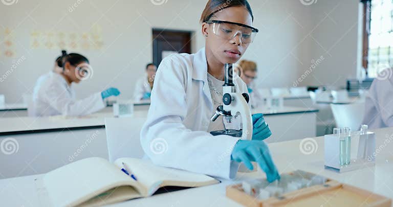 High School, Girl and Microscope in Science Classroom for Chemistry ...