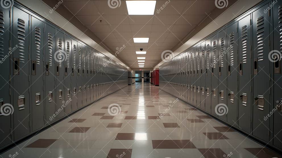 High School Hallway with Lockers Stock Image - Image of room, dark ...