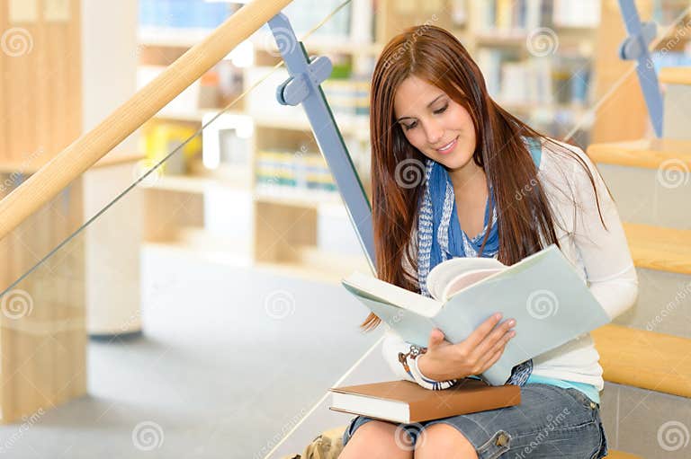High School Library Student Read on Stairs Stock Photo - Image of ...