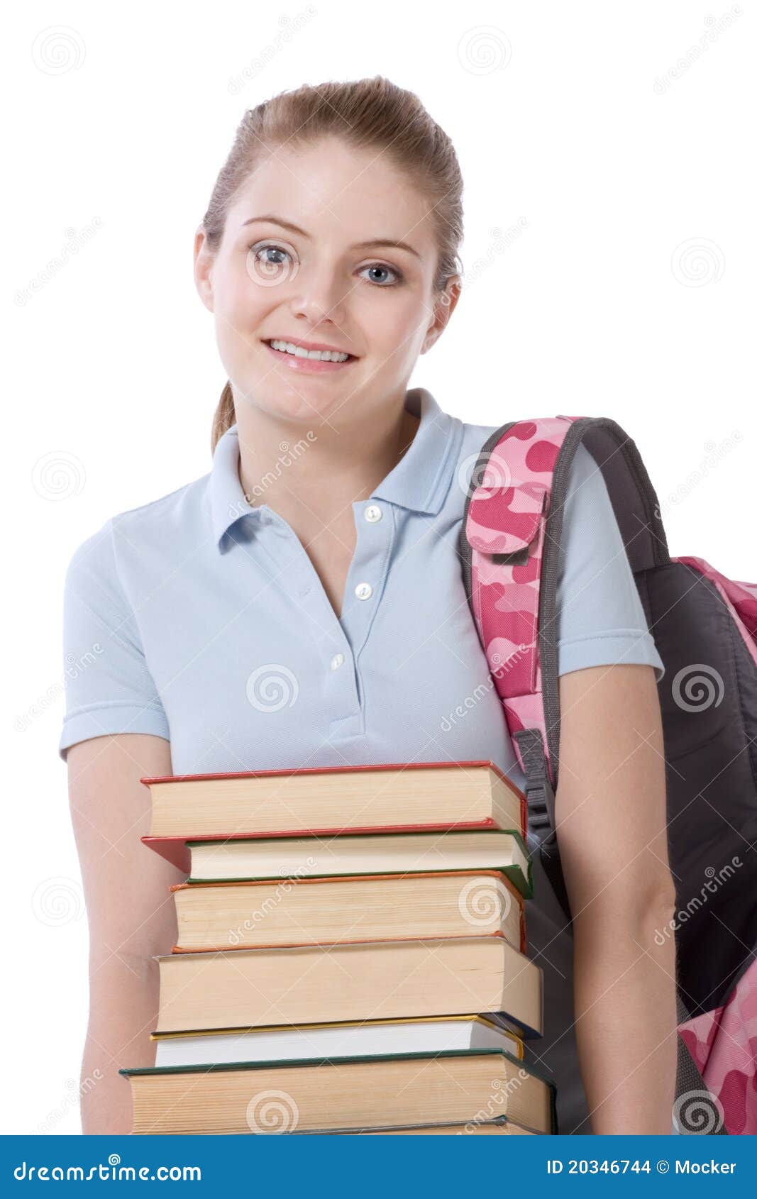 High School Schoolgirl Student with Stack of Books Stock Photo - Image ...