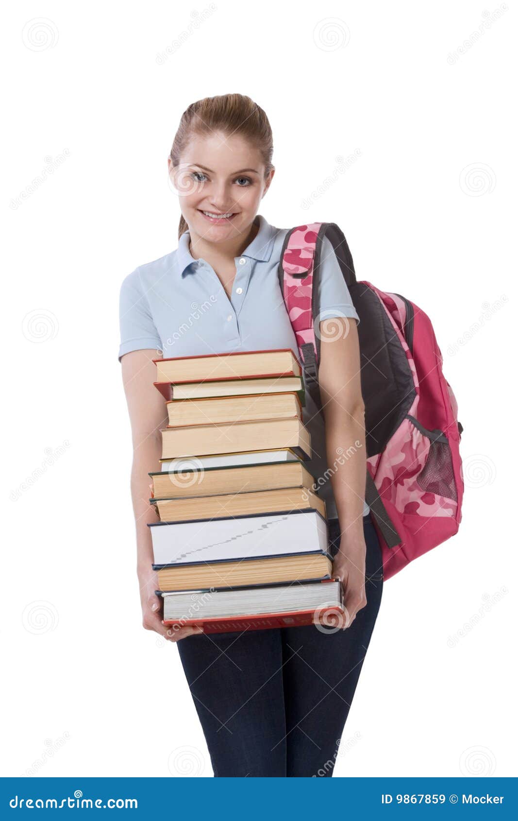 High School Schoolgirl Student with Stack Books Stock Image - Image of ...