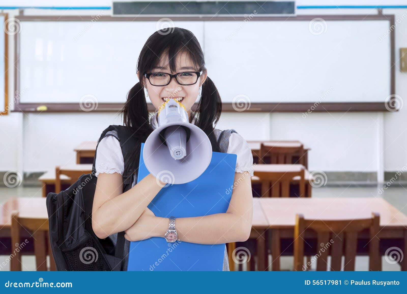 High School Student with Megaphone in Class Stock Image - Image of back ...