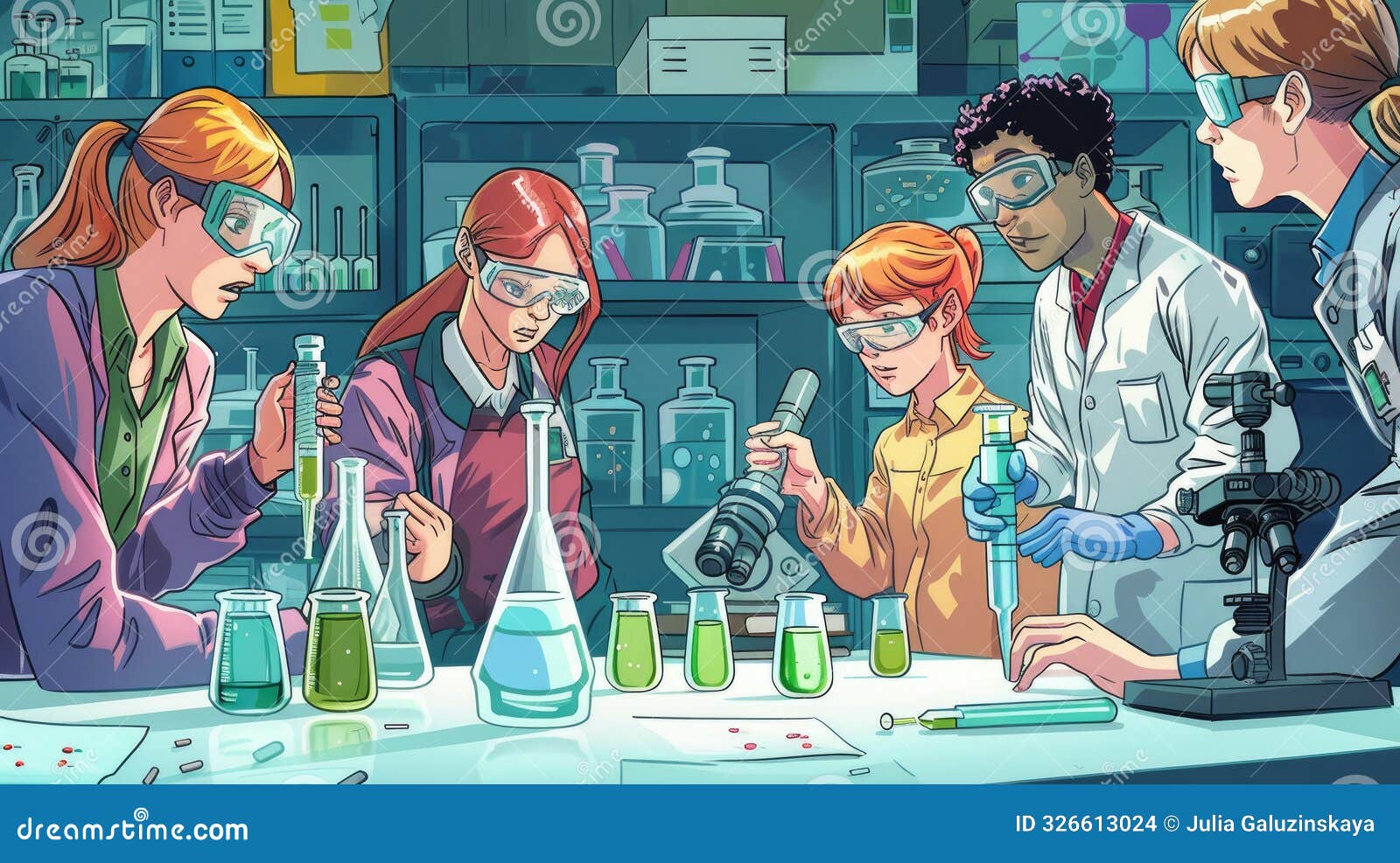 High School Students in Lab Coats Conducting a Science Experiment with ...