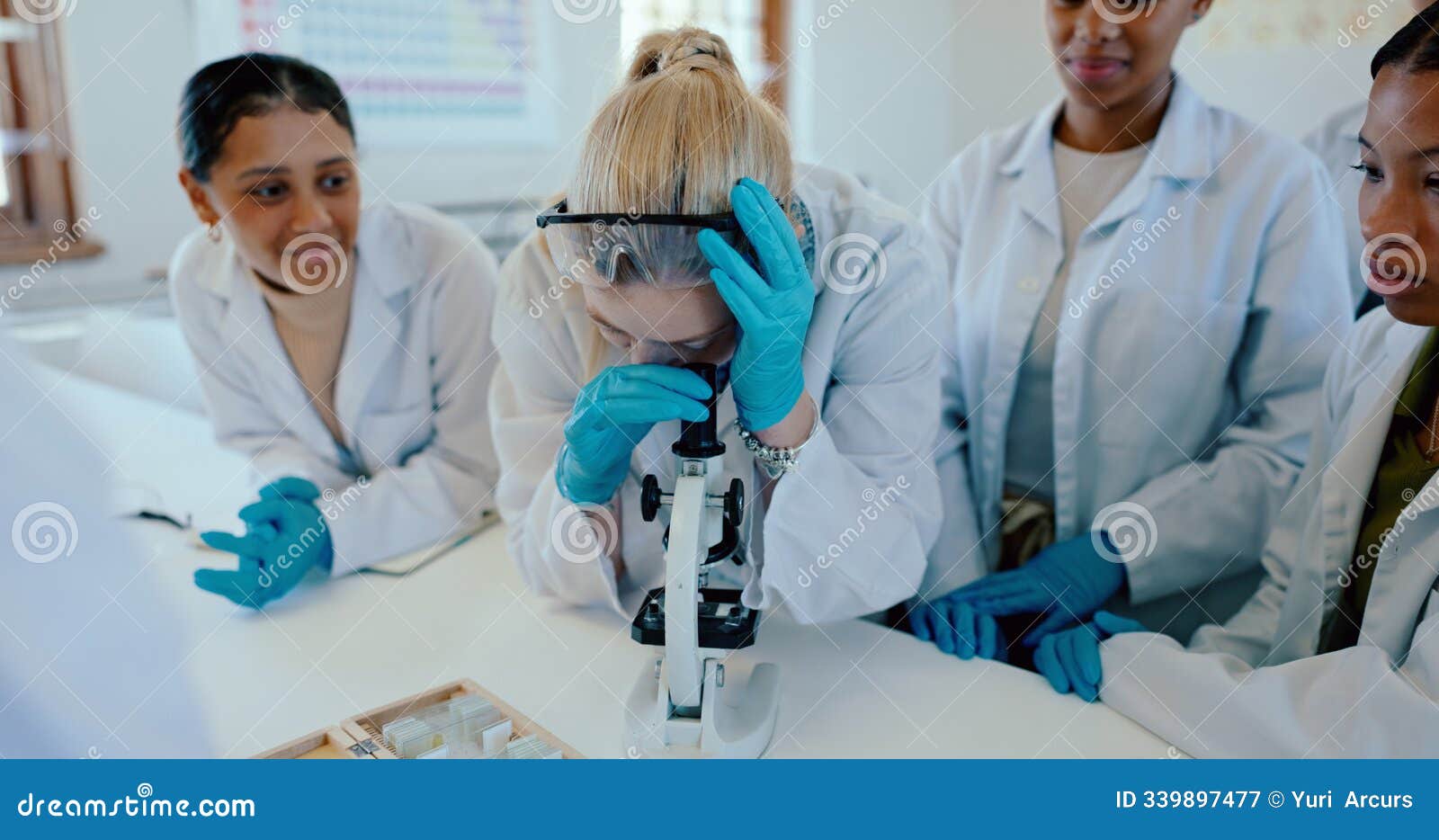 High School, Students and Microscope in Science Classroom for Chemistry ...