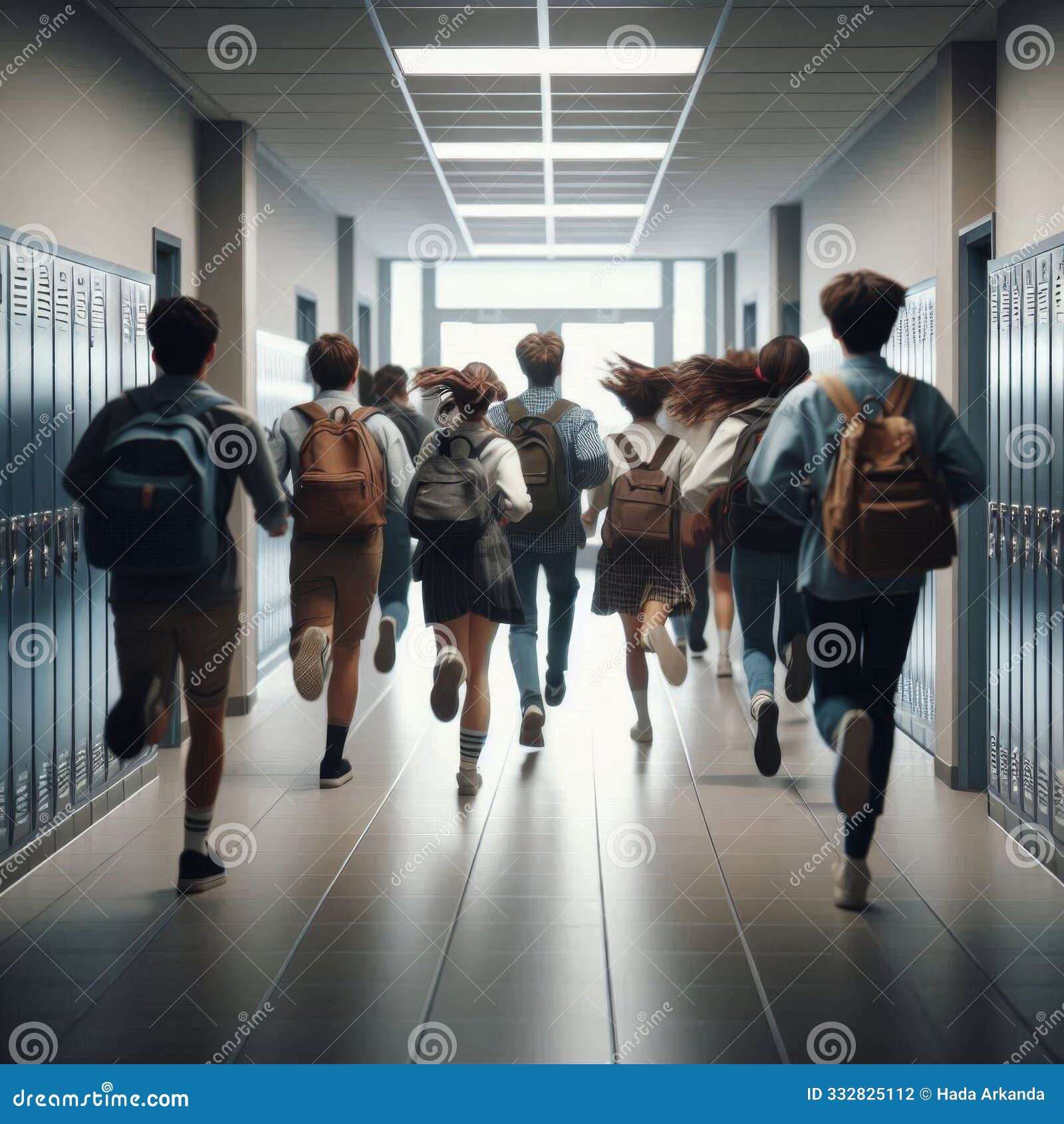 High School Students Running Down the Hallway, View from Behind Stock ...