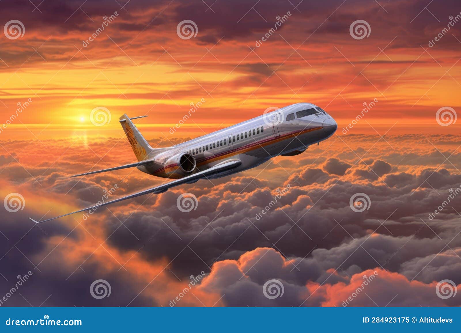 High Speed Aircraft Soaring Above Clouds At Sunset Stock Illustration