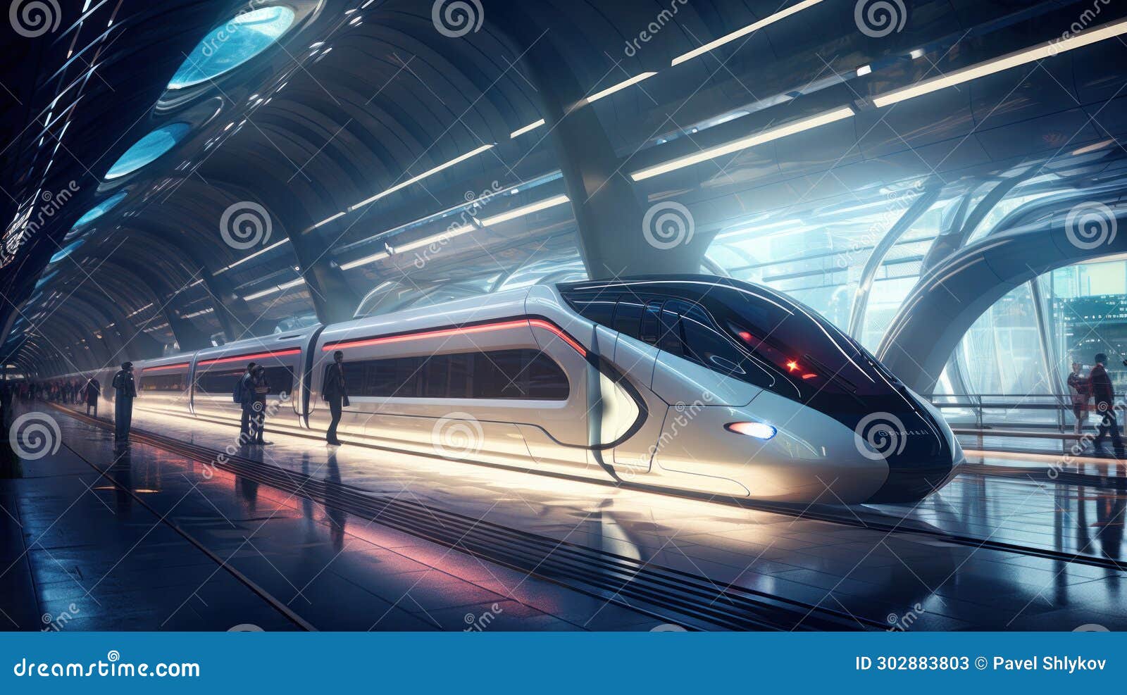 High Speed Bullet Train at Futuristic Railway Station Platform. Stock ...