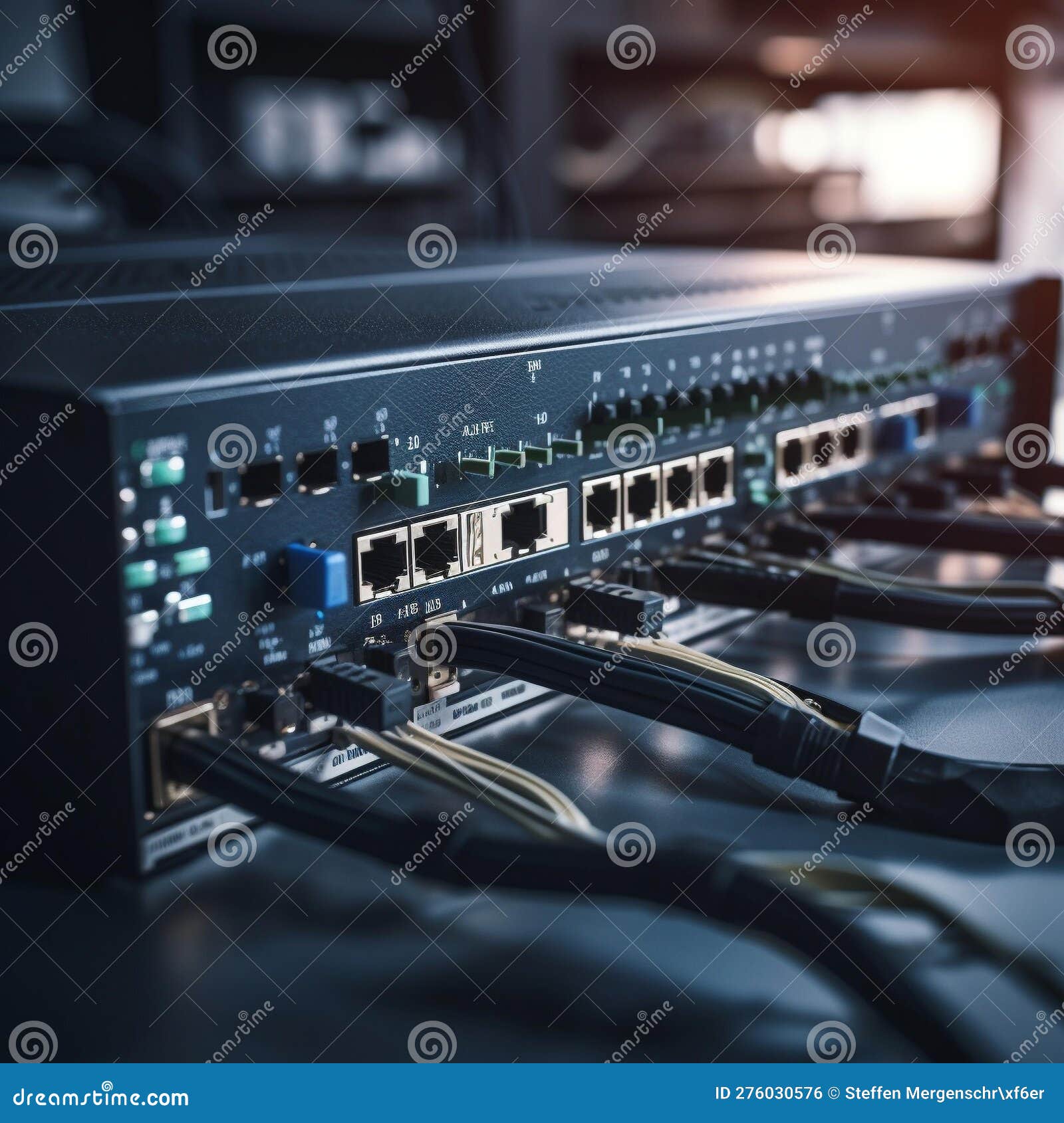 High-Speed Connectivity Hub with Multiple Ports and Blurred Server Room ...