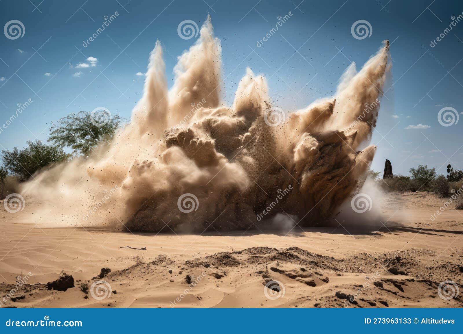 High-speed Explosion of Sand with Smoke and Debris Visible Stock ...