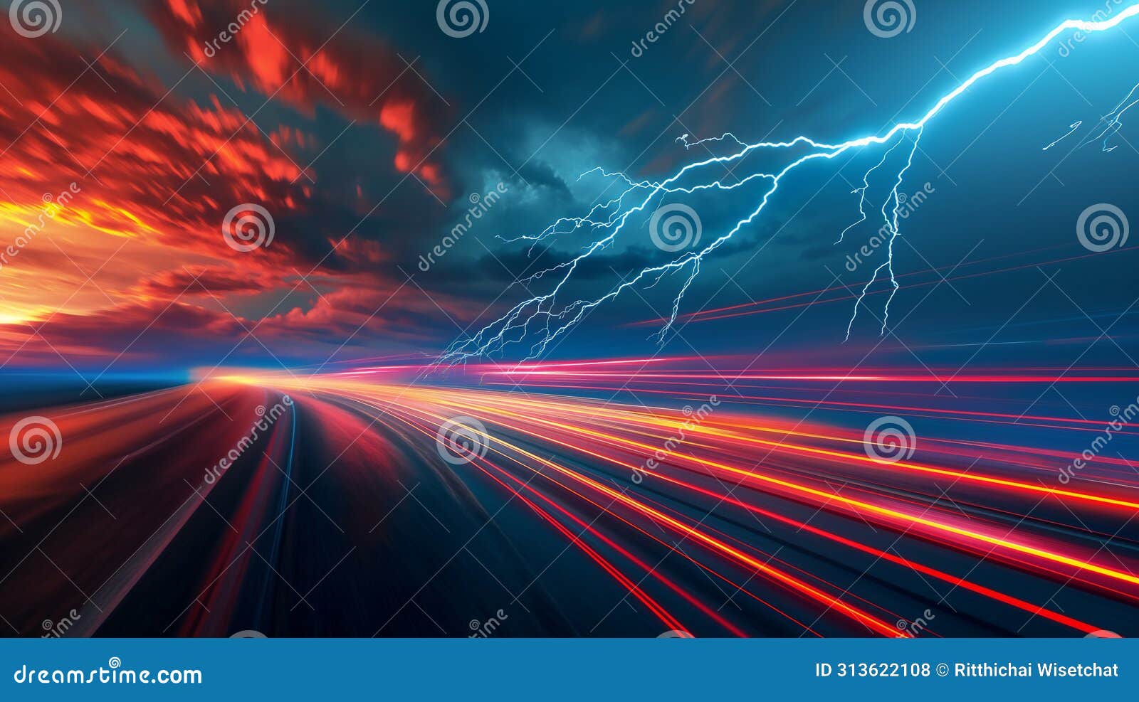 High-speed Highway with Motion Blur and Dramatic Lightning in a Stormy ...