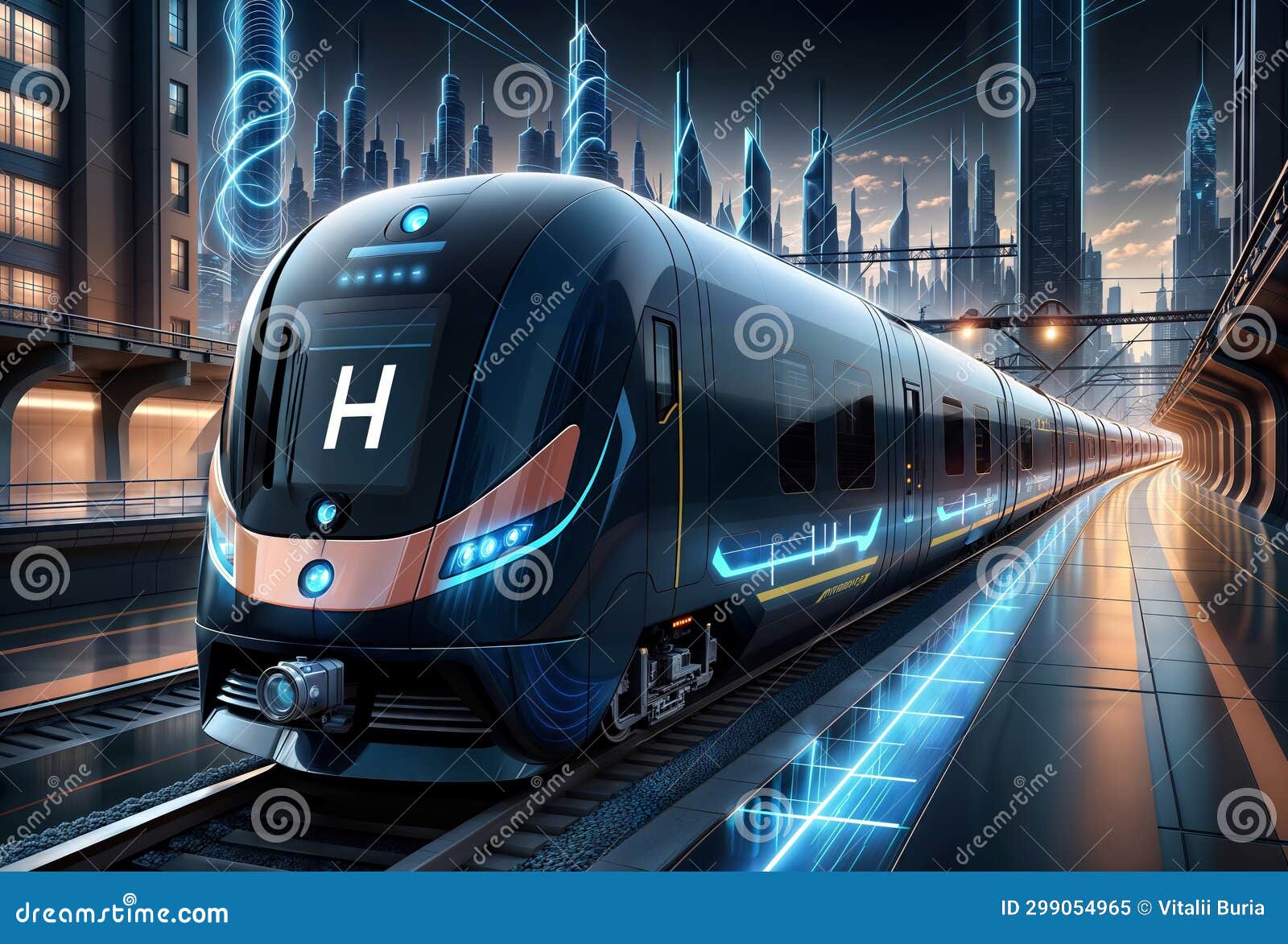 High Speed Hydrogen Train in the City. 3D Rendering. High Speed Train ...