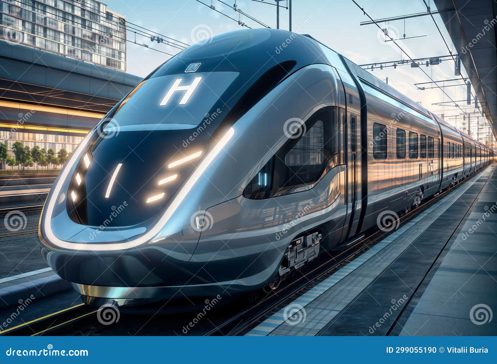 High Speed High Speed Hydrogen Train in the City. 3d Rendering ...