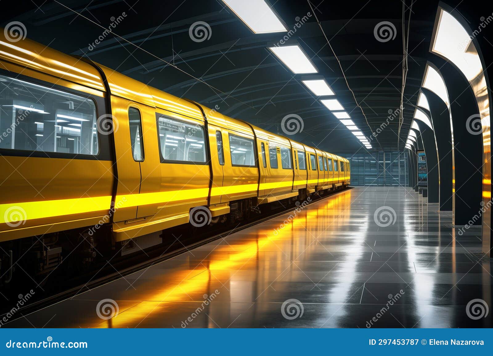 High Speed Modern Train with Yellow Carriages at Metro Station Stock ...