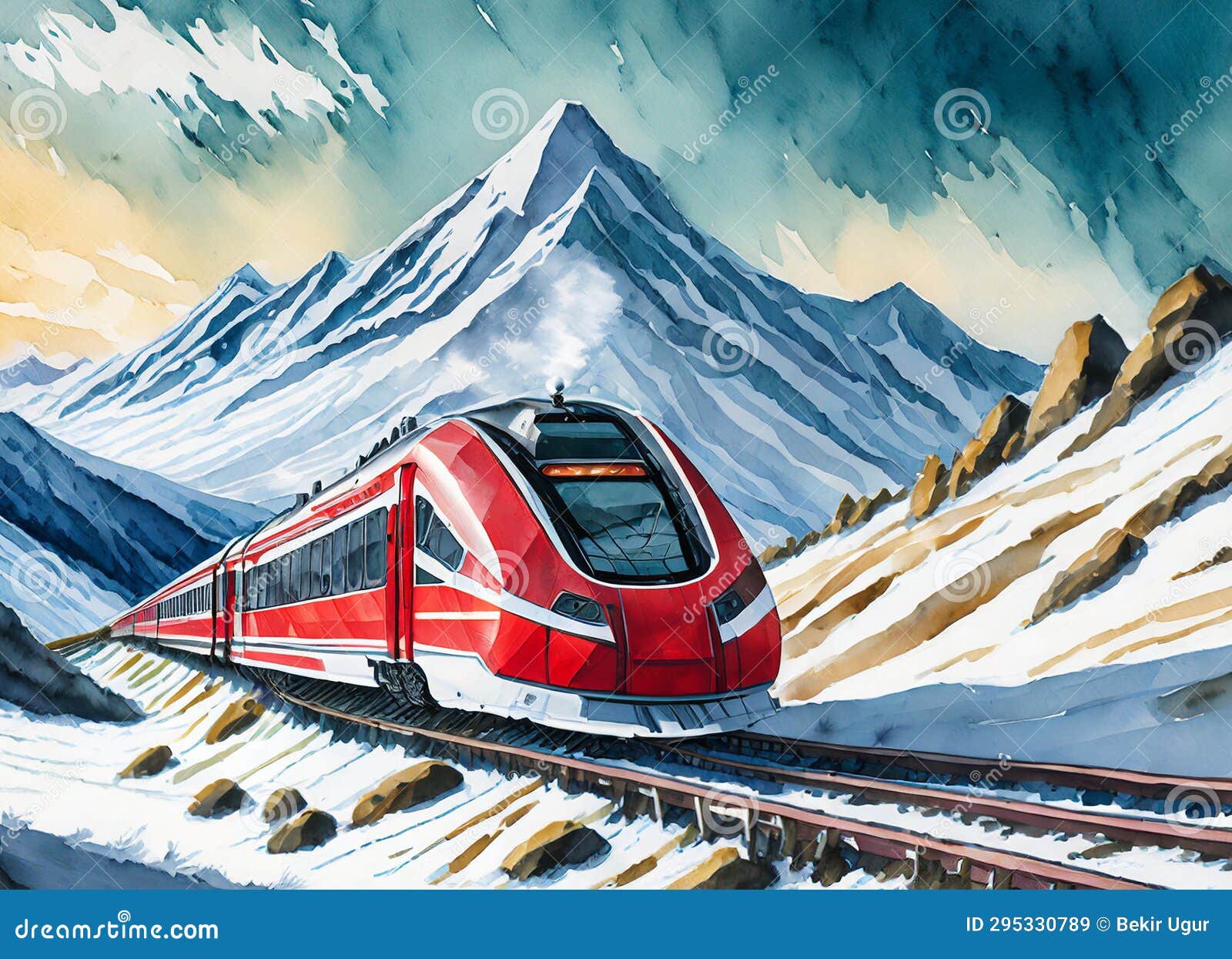 High Speed Red Train Hurtling through Snow-capped Mountain Stock ...