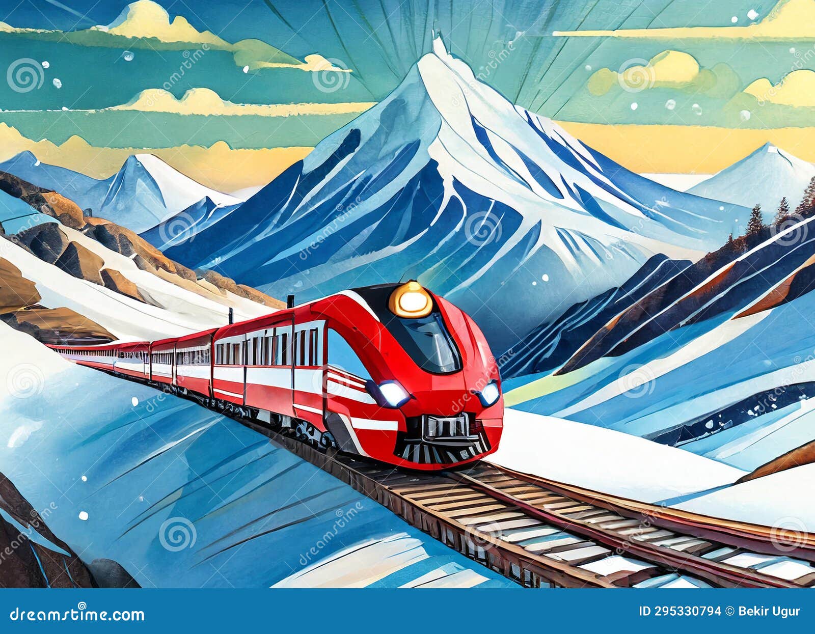 High Speed Red Train Hurtling Through Snow-capped Mountain Stock Photo ...