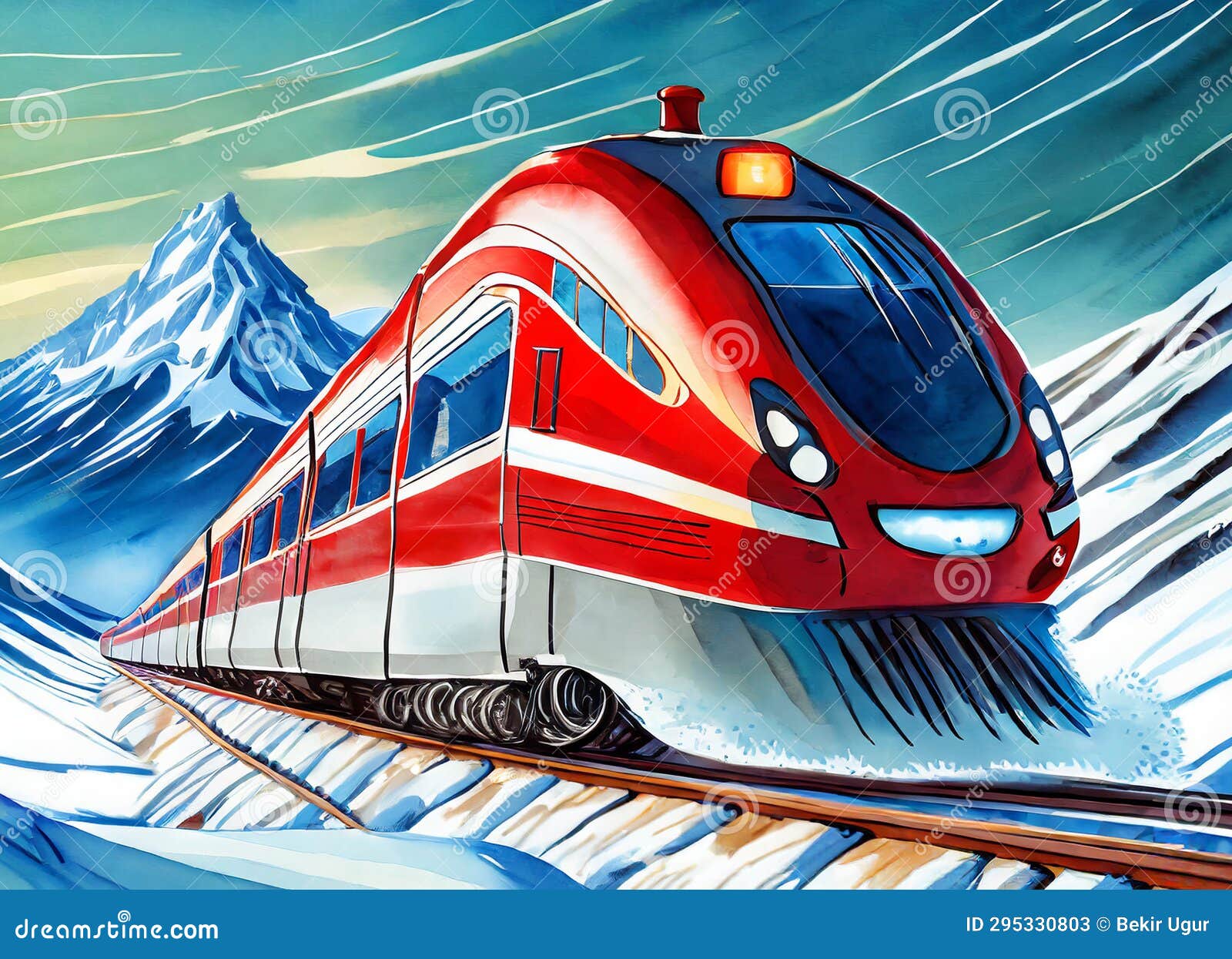 High Speed Red Train Hurtling through Snow-capped Mountain Stock ...