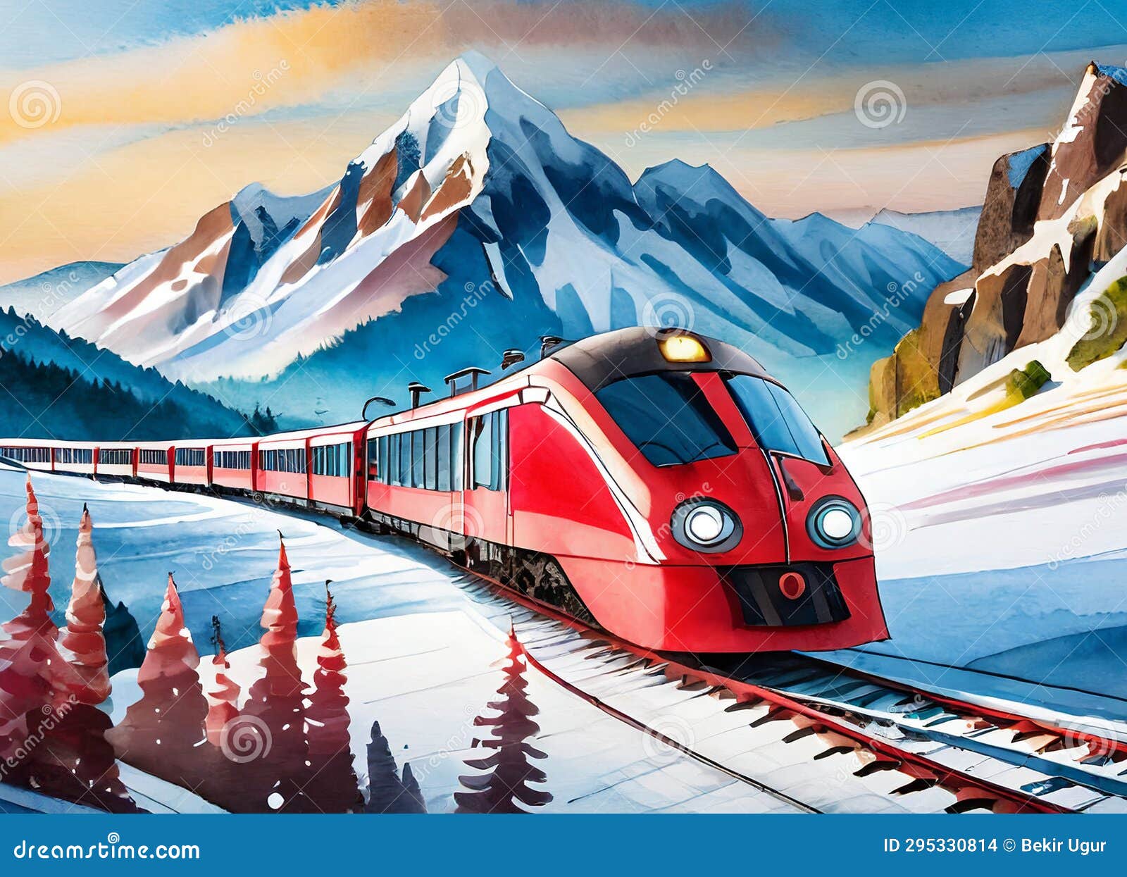 High Speed Red Train Hurtling through Snow-capped Mountain Stock ...