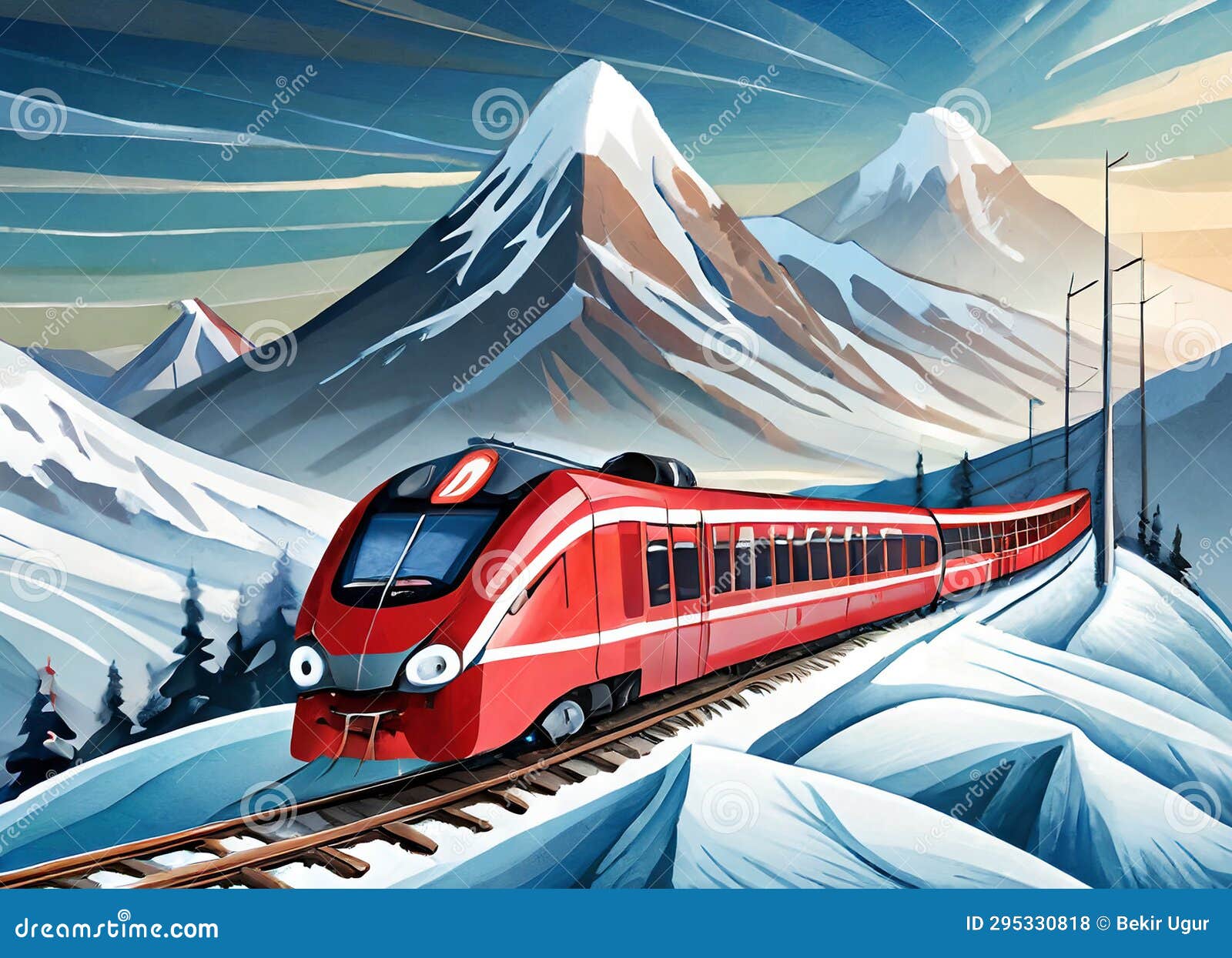 High Speed Red Train Hurtling through Snow-capped Mountain Stock ...