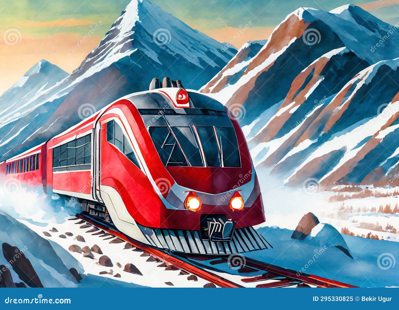 High Speed Red Train Hurtling through Snow-capped Mountain Stock ...