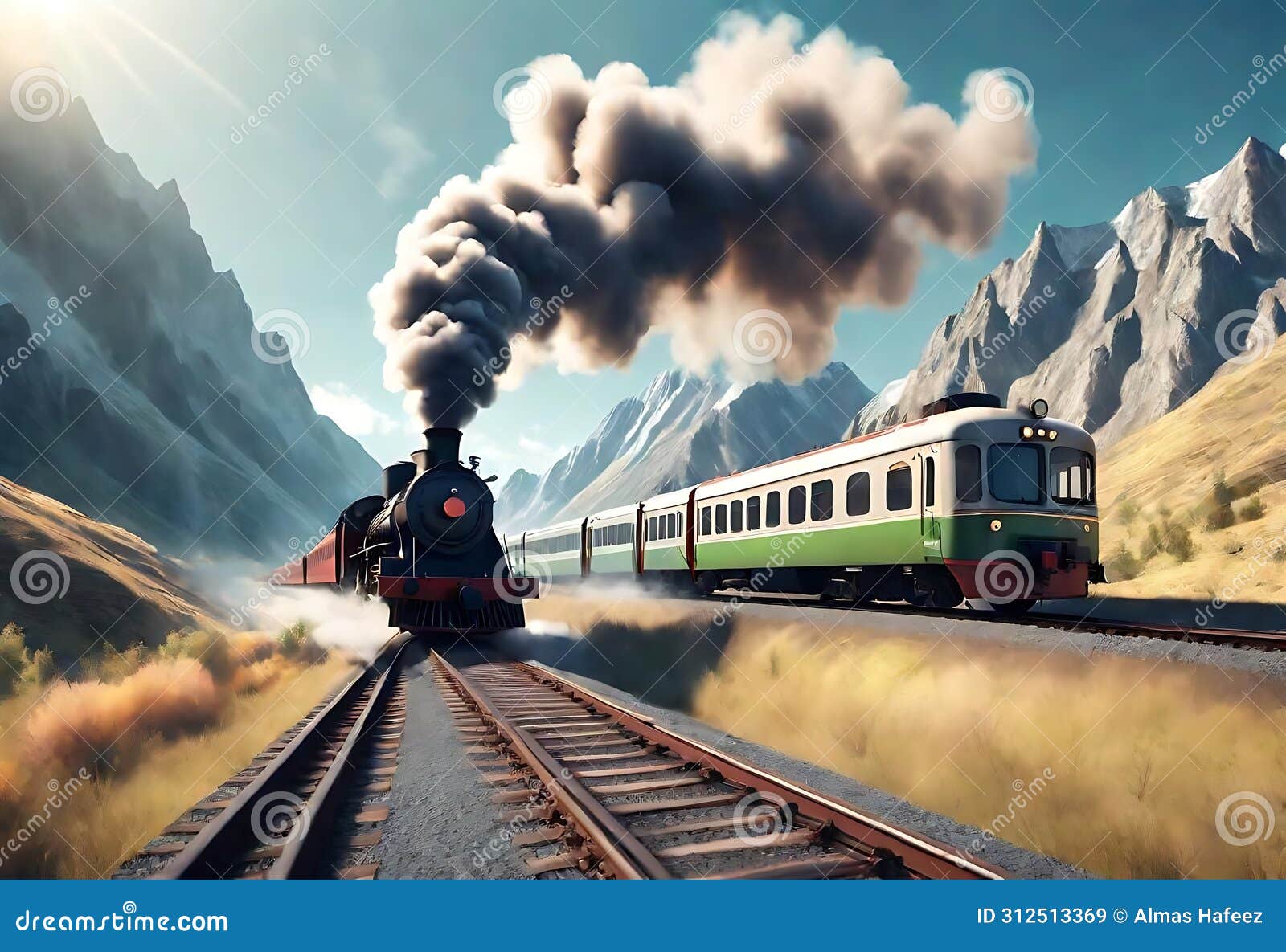 High-Speed 1980s Old Fashioned Train in Cinematic Scene Stock ...