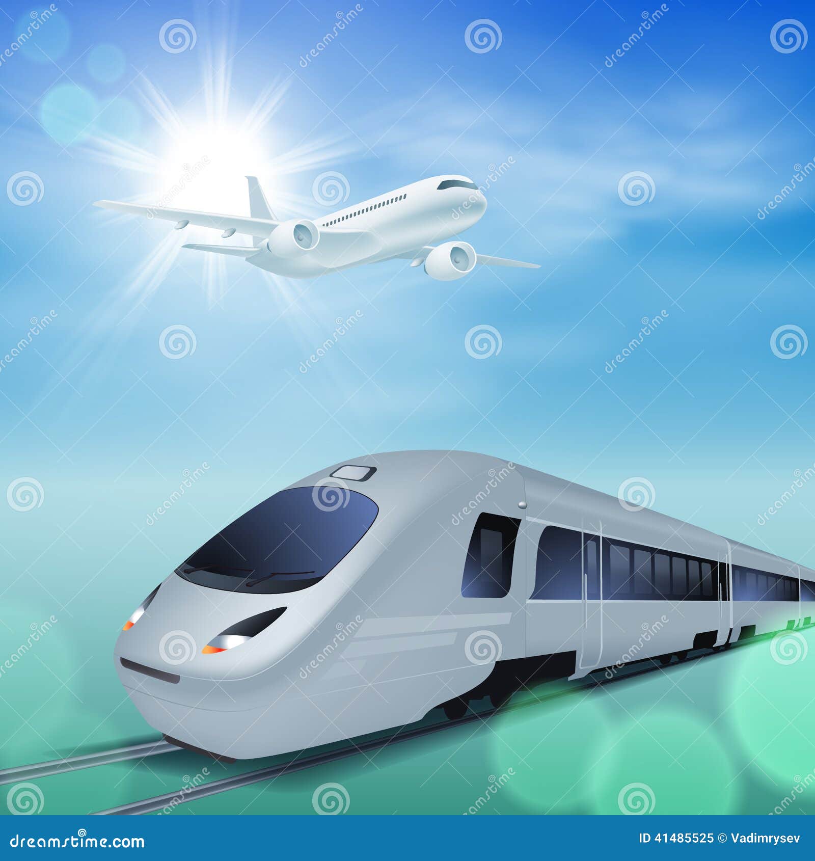 High-speed Train and Airplane in the Sky. Sunny Day Stock Vector ...