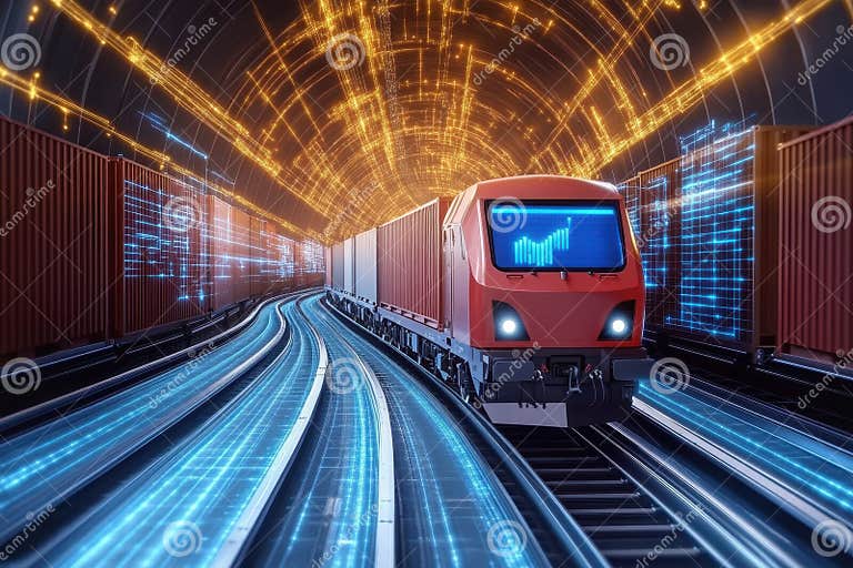 High-Speed Train Transporting Goods through Digital Tunnel with Bright ...