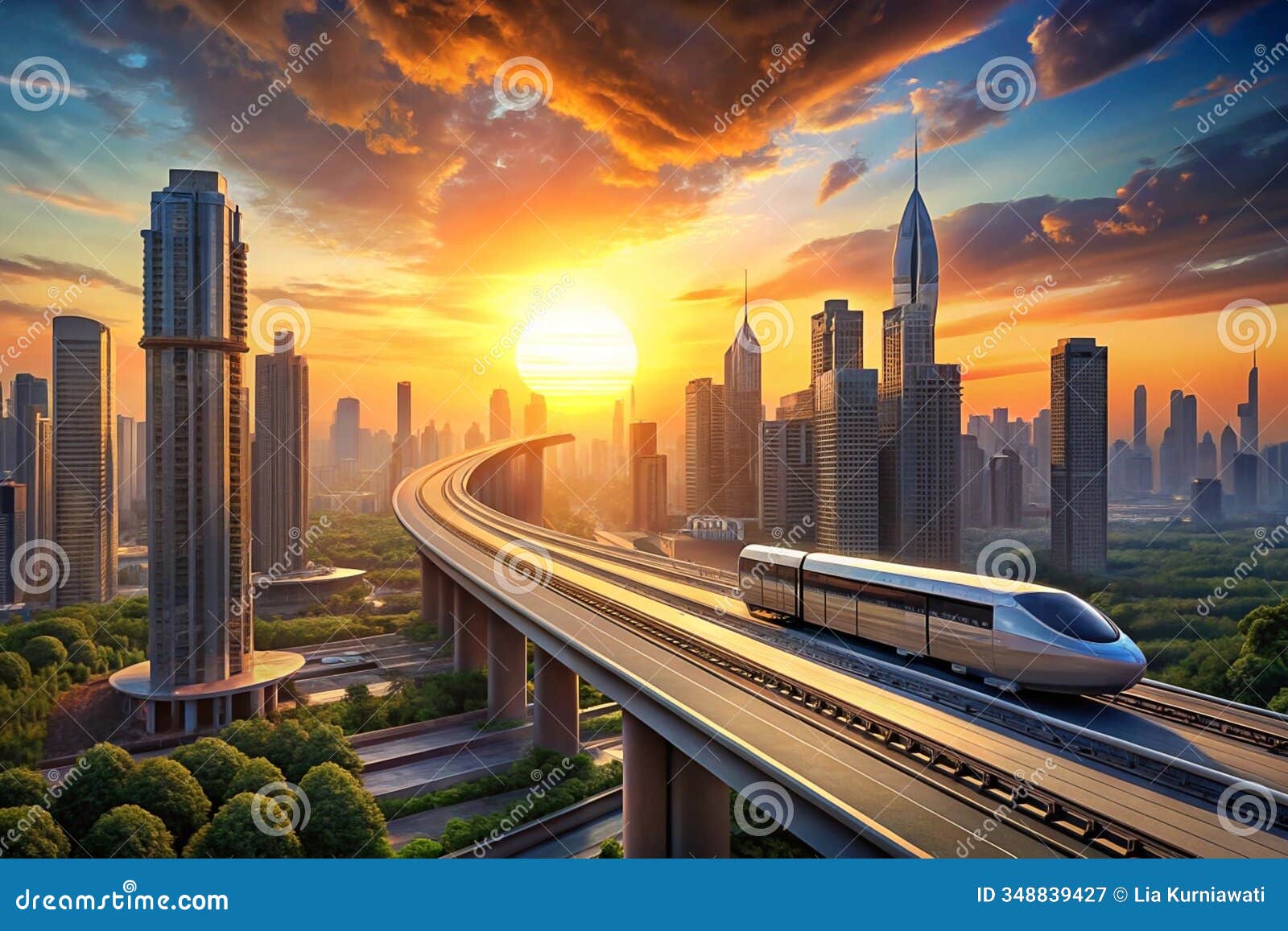 High-speed Train on Elevated Track at Sunset, Modern Cityscape ...
