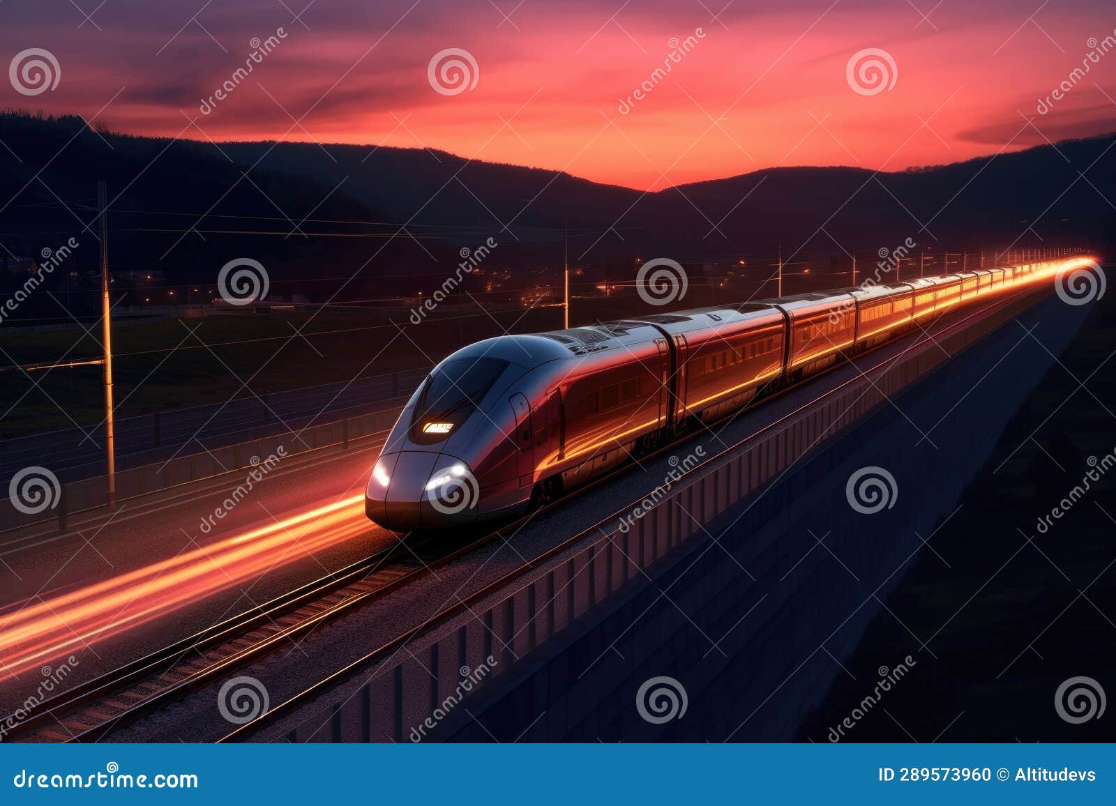 High-speed Train with Illuminated Headlights at Dusk Stock Photo ...