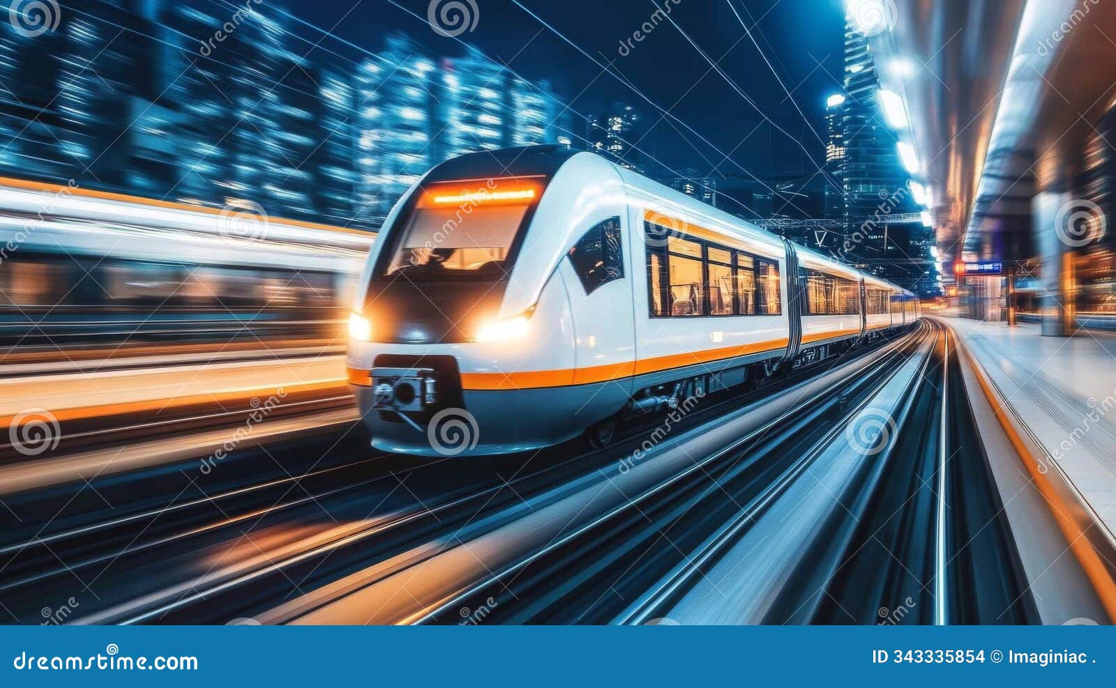 High-Speed Train Moving through a City at Night Stock Illustration ...