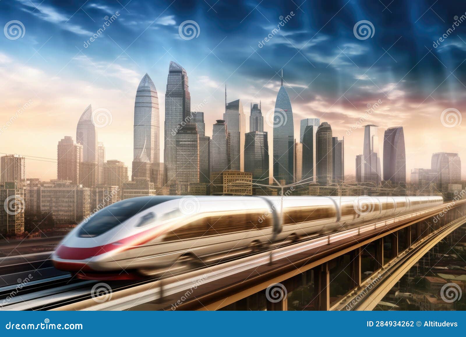 High-speed Train Moving into Curve with City Skyline Stock Illustration ...