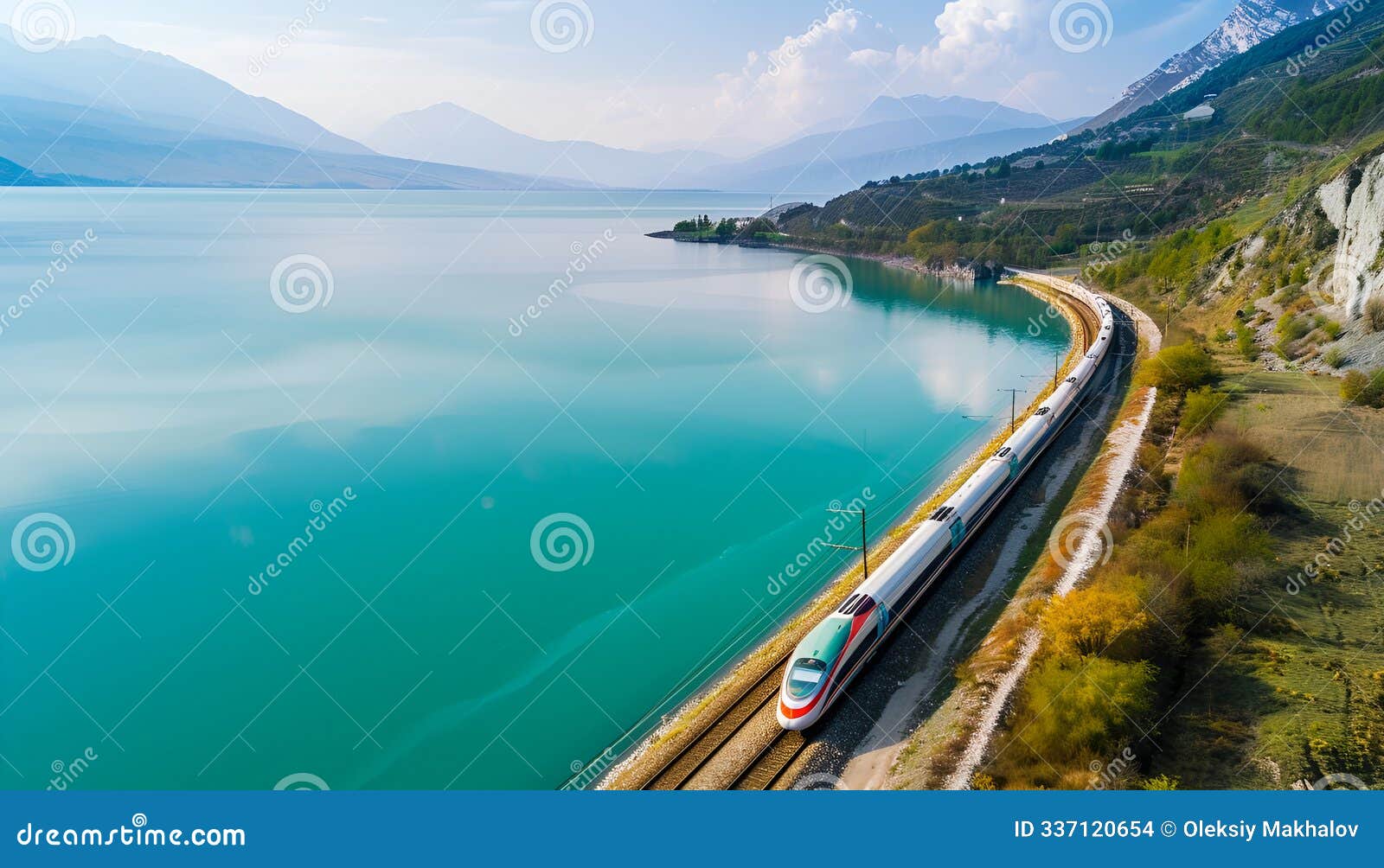 High Speed Train Passes by a Lake. Aerial High View Stock Illustration ...