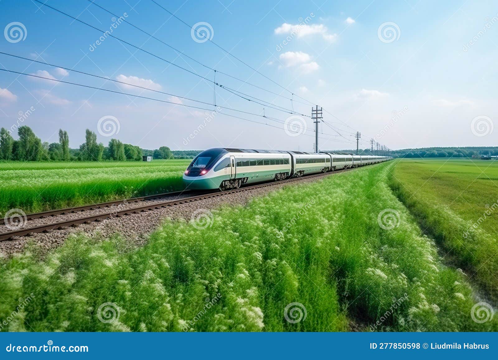 High-speed Train Passing through the Green Wheat Field in Springtime ...