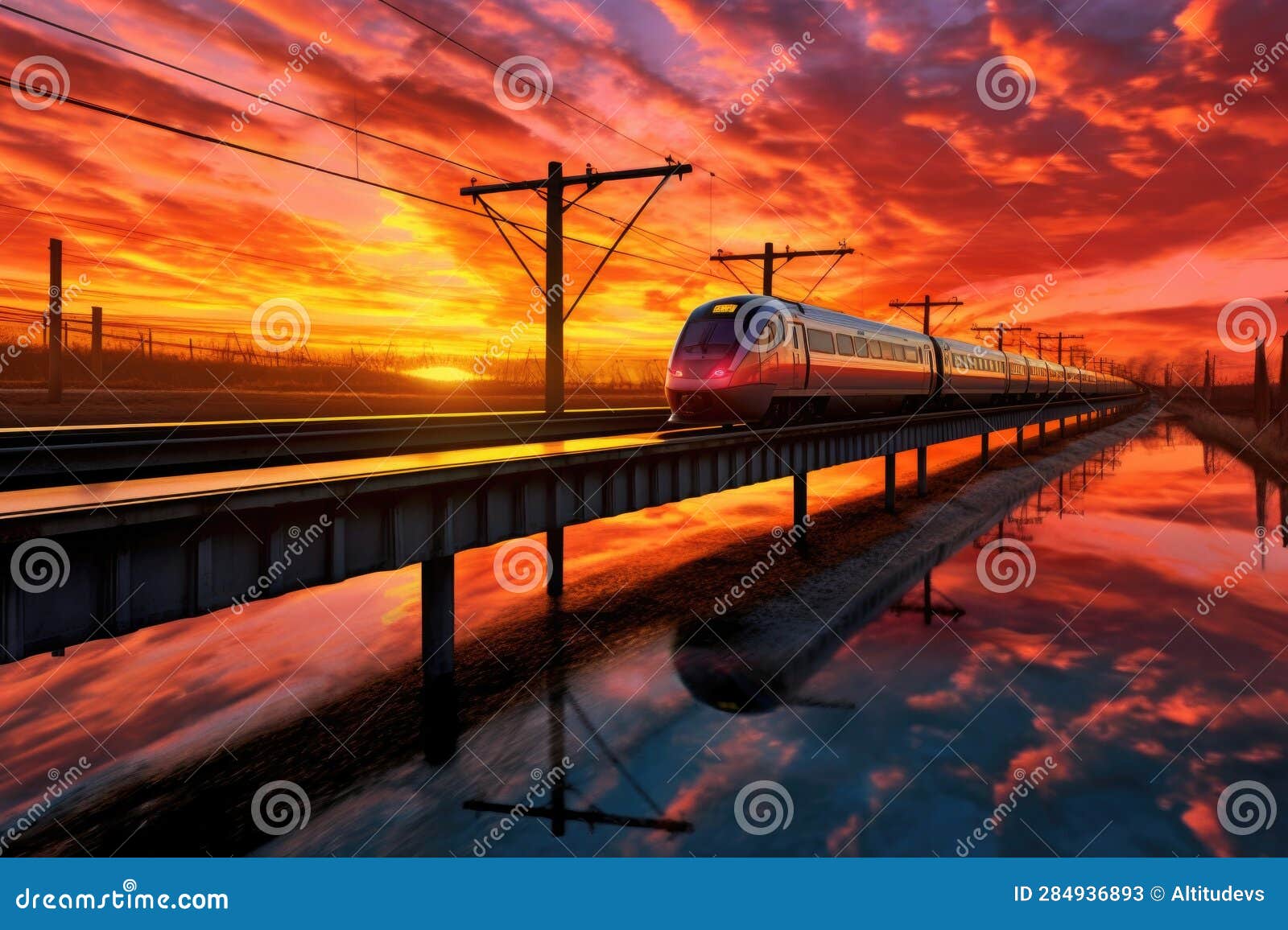 High-speed Train Passing Over a Bridge at Sunset Stock Image - Image of ...