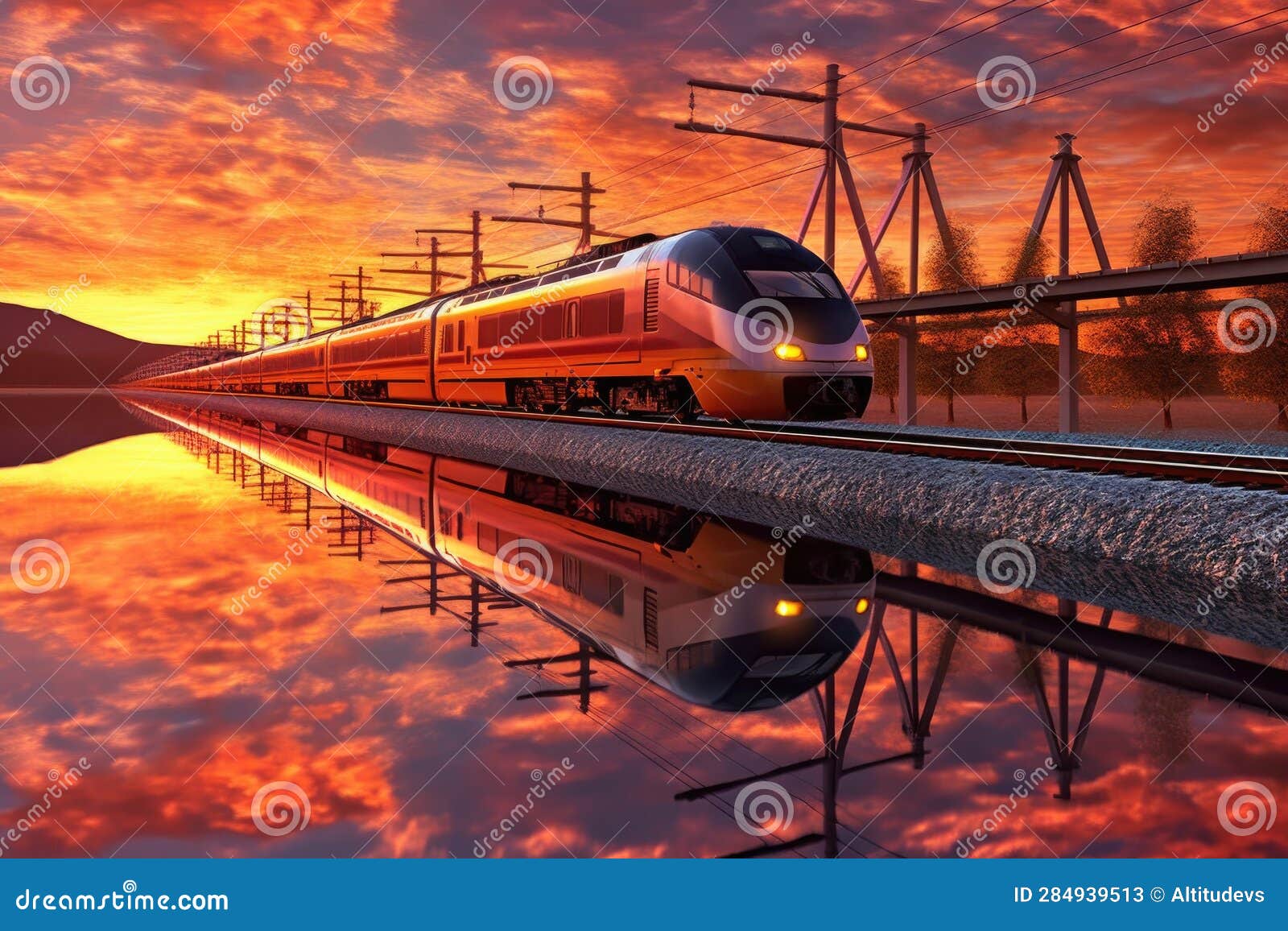 High-speed Train Passing Over a Bridge at Sunset Stock Image - Image of ...