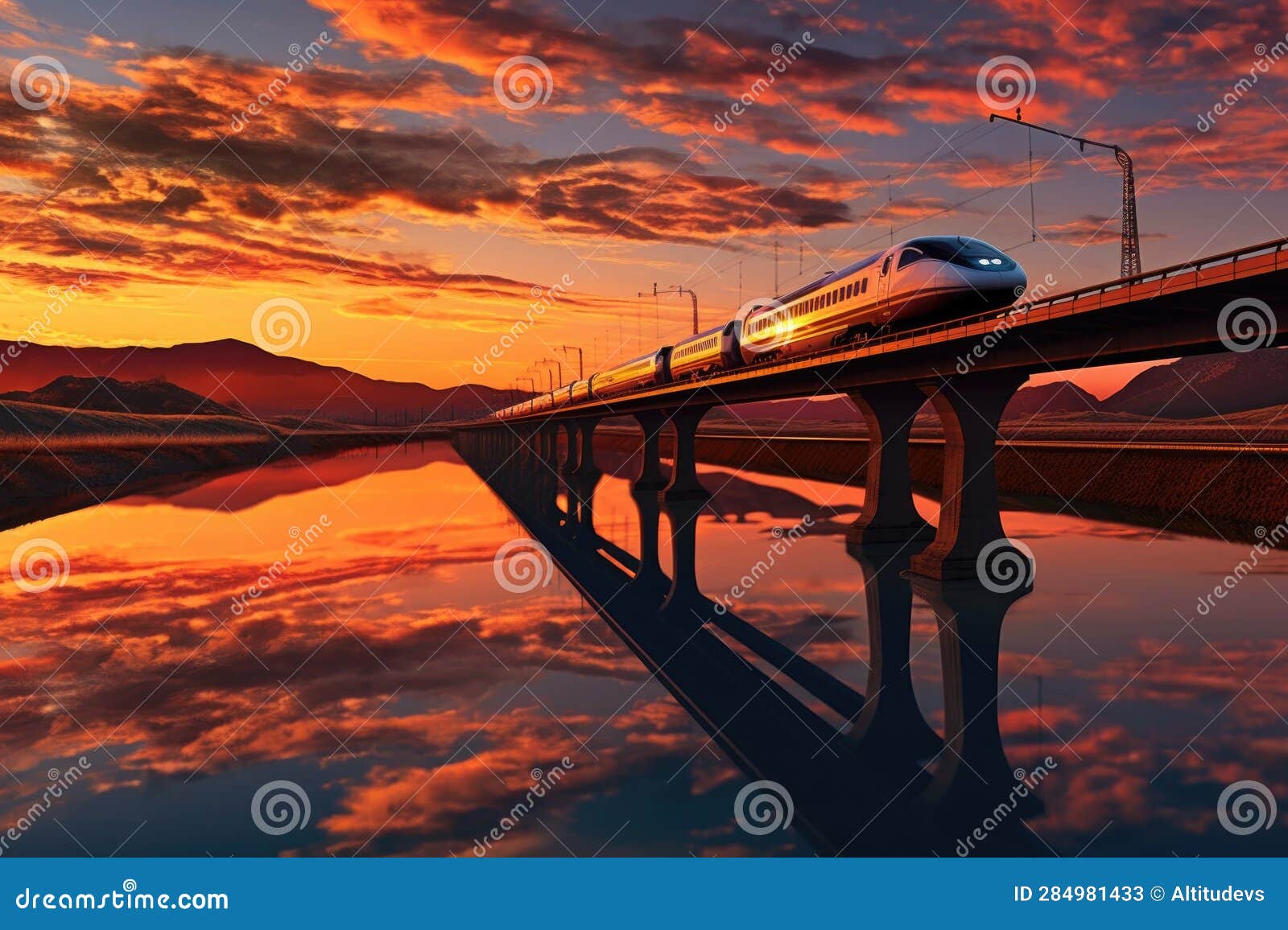 High-speed Train Passing Over a Bridge at Sunset Stock Illustration ...