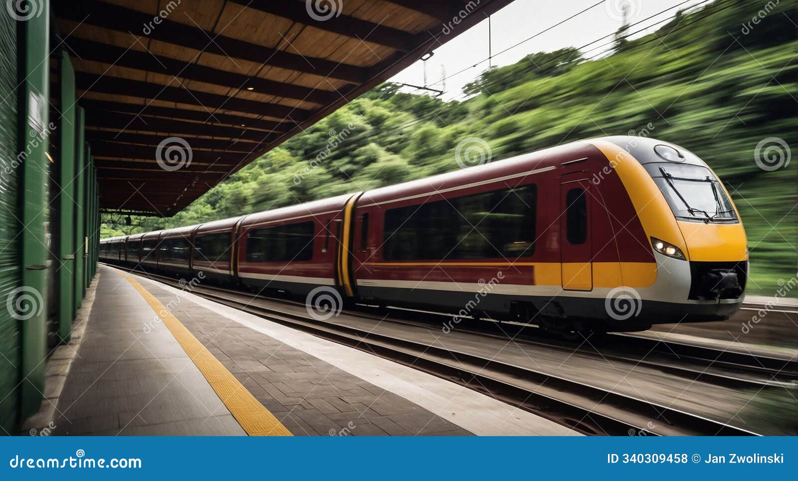 High-speed Train Passing a Station Surrounded by Lush Green Trees and a ...