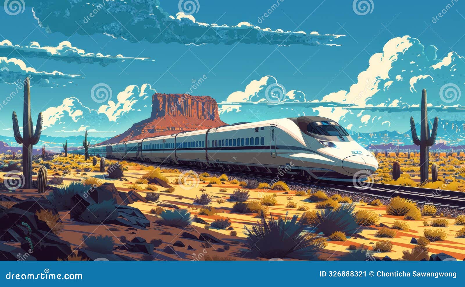 A High-speed Train Races through a Desert Landscape with Towering Rock ...