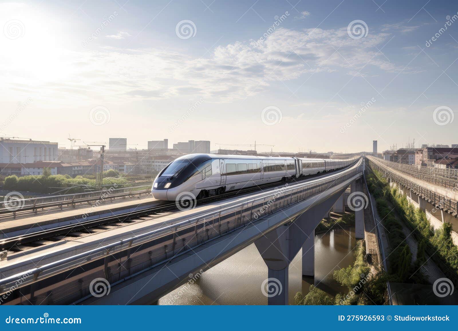 High-speed Train Running Across Bridge, with View of the City in the ...