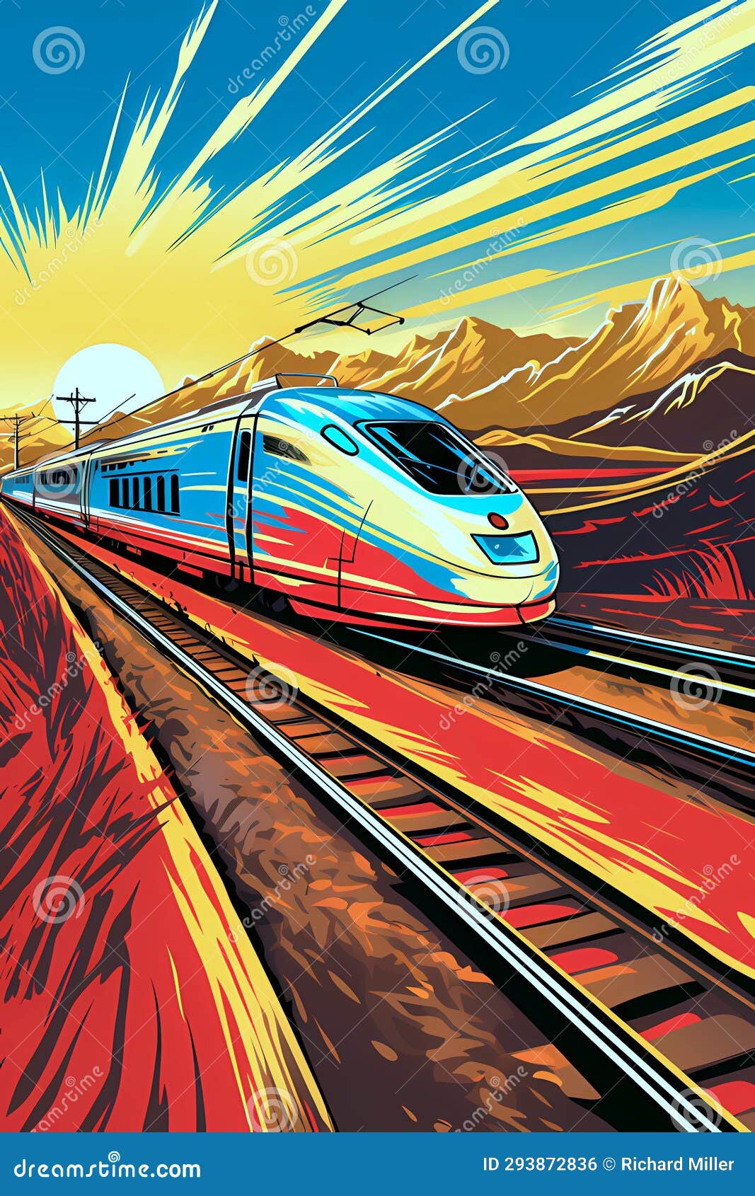 High Speed Train Speeding through Scenic Fields and Mountains Stock ...