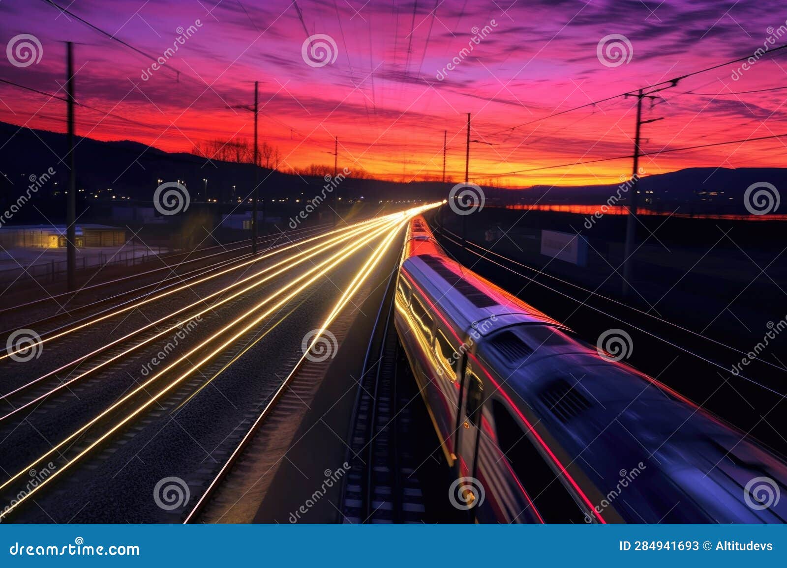 High-speed Train with Streaking Lights during Twilight Hours Stock ...