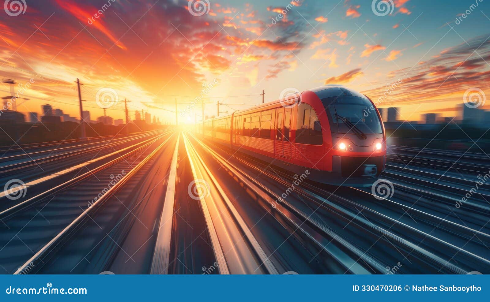 High-speed Train at Sunset with City Skyline Stock Illustration ...