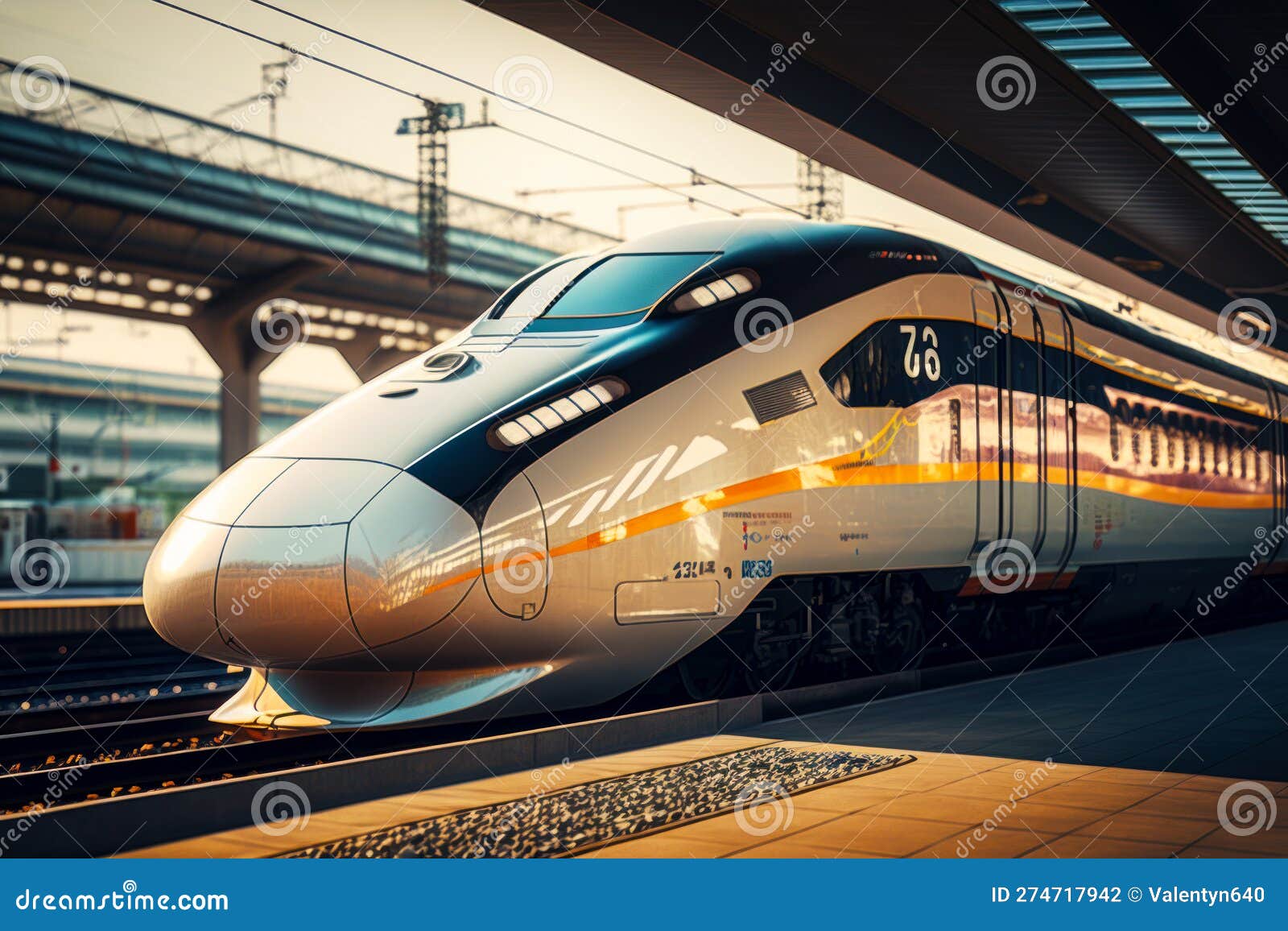 High Speed Train on the Tracks at Train Station with Bridge in the ...