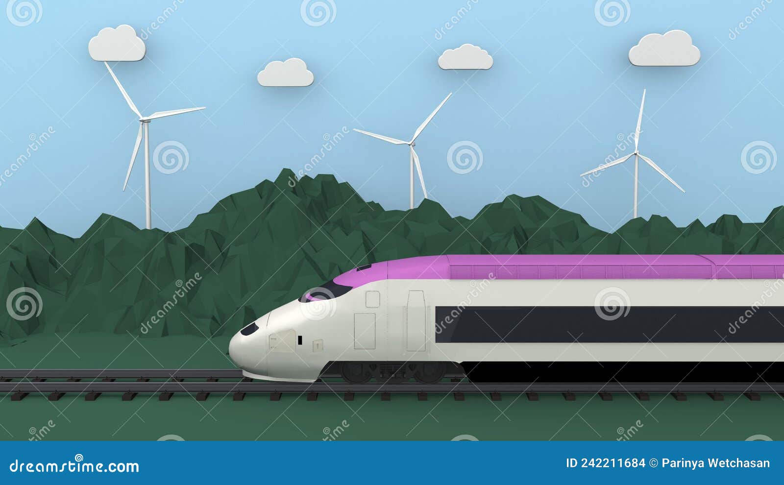 High Speed Train Wind Power Mills in the Green Mountains and Clouds Low ...